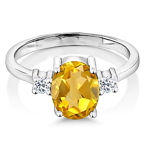 Gem Stone King 925 Sterling Silver Oval Yellow Citrine and White Topaz Women's 3-Stone Ring (1.31 Cttw, Gemstone Birthstone, Available In Size 5, 6, 7, 8, 9)