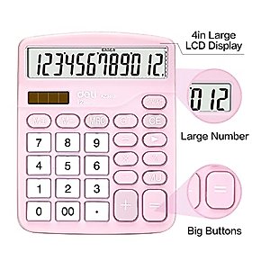 Calculator, Deli Standard Function Desktop Calculators with 12 Digit Large LCD Display and Sensitive Button, Solar Battery Dual Power Office Calculator, Pink
