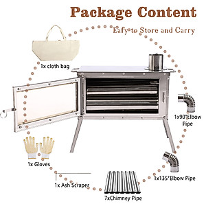 TITIMO Foldable large tent stoves with Chimney Pipe Wood Burning Stove for Camping,Hunting,Ice Fishing,Heating,Cooking(Stainless Steel)