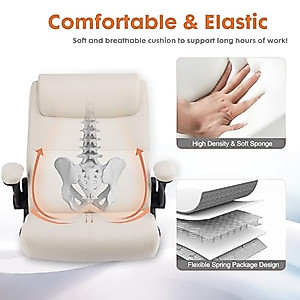 Sweetcrispy Ergonomic Executive Office Chair: Desk Chair with Wheels Mid Back Computer Chair with Lumbar Support Height Adjustable PU Leather Office Chair Flip Up Arms, Beige White