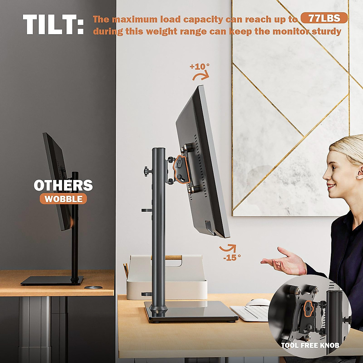 2 Pack Single LCD Computer Monitor Free-Standing Desk Stand Riser for 13 inch to 32 inch Screen with Swivel, Height Adjustable, Rotation, Holds One (1) Screen up to 77Lbs(HT05B-201)