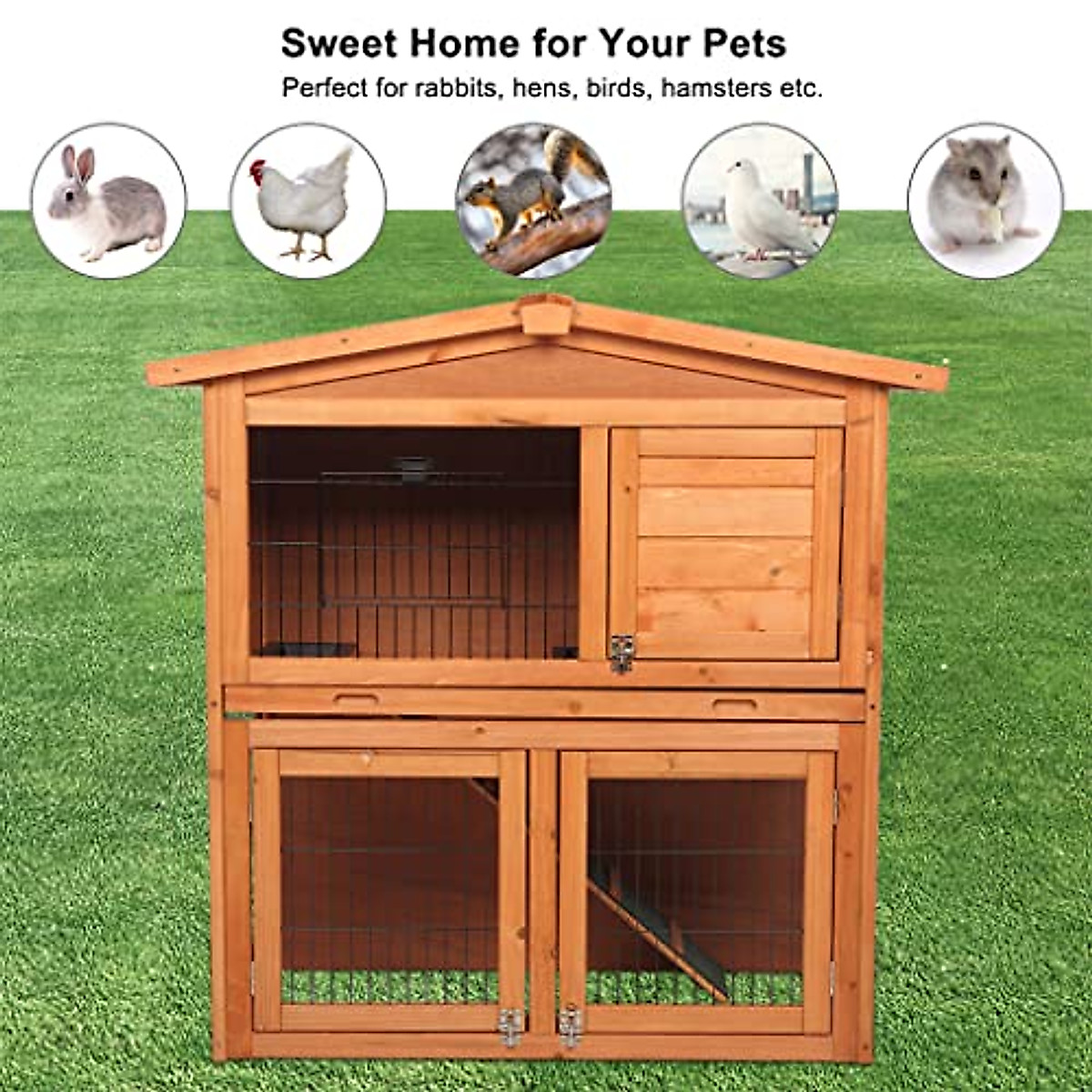 40 Inch Wood Rabbit Hutch 2-Story Rabbit Cage Bunny Hutch Indoor Outdoor Guinea Pig Cage, Small Animal Enclosure with Run Area, Removable No Leaking Tray, Asphalt Roof, Lockable Doors and Ramp