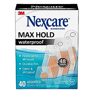 Nexcare Max Hold Waterproof Bandages, Stays On for 48 Hours, Flexible Bandages for Fingers, Knees and Heels - 40 Pack Clear Waterproof Bandages