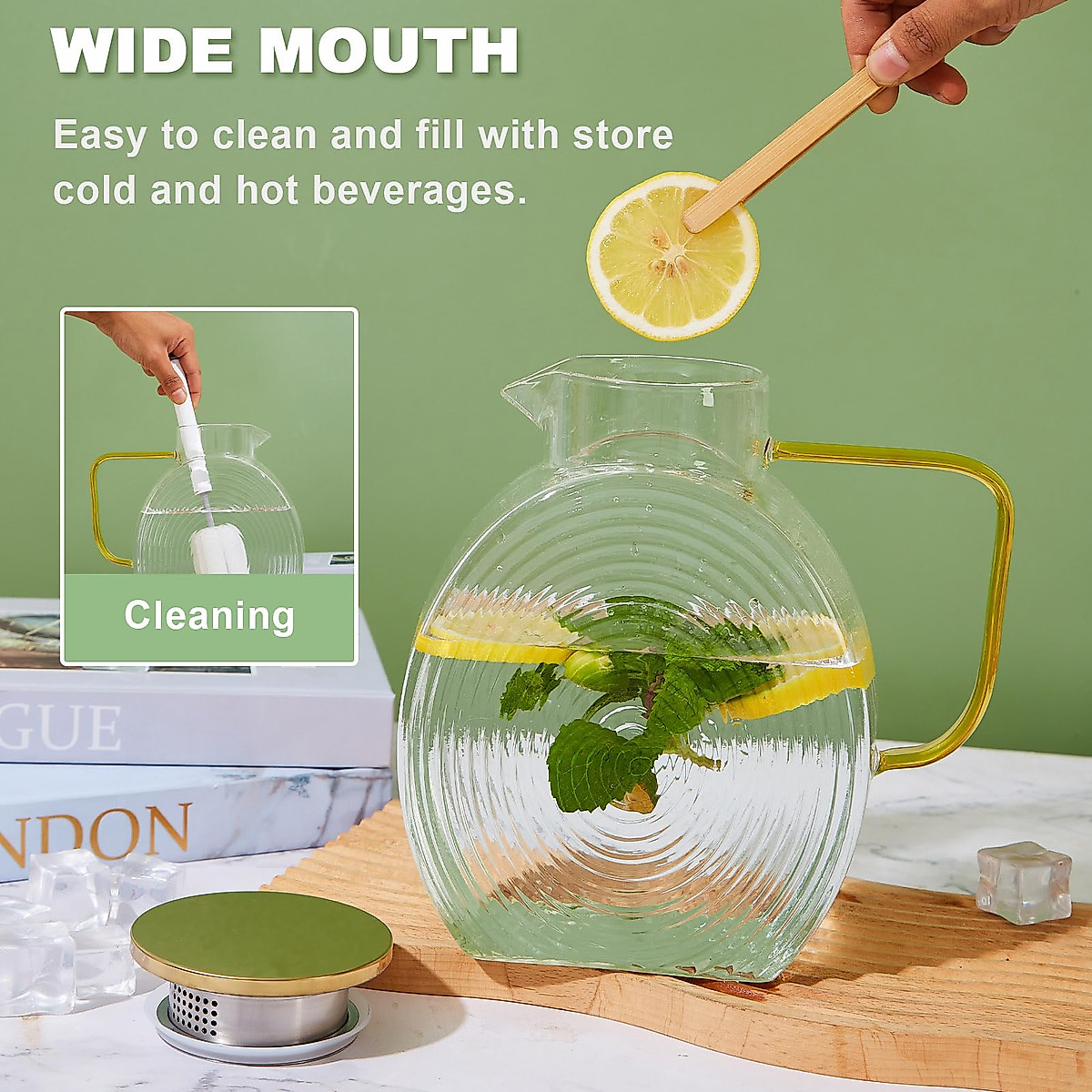 Glass Pitcher with Lid for Fridge, 84 OZ / 2.4 Liter Large Water Spout Jug with Handle for Iced Tea, Ice Coffee, Juice, Lemonade Cold or Hot Drinks, Liquids Beverage Serving Dispenser