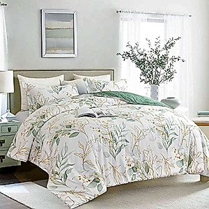 Nanko Queen Size Comforter Set, Green Gold Floral Leaf Flower Print Pattern Down Alternative Comforter Microfiber Modern Bedding,All Season Duvet Bed Set in a Bag for Women Men, 3 Pcs,88 x 90 inch