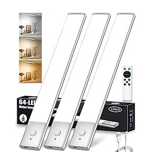 LAJOSO 64 LED Under Cabinet Lights Motion Sensor, 3 Color Kitchen Counter Lighting Wireless, Rechargeable Closet Lights Remote, Dimmable Night Light for Shelf Pantry Stair Hallway 3Pack