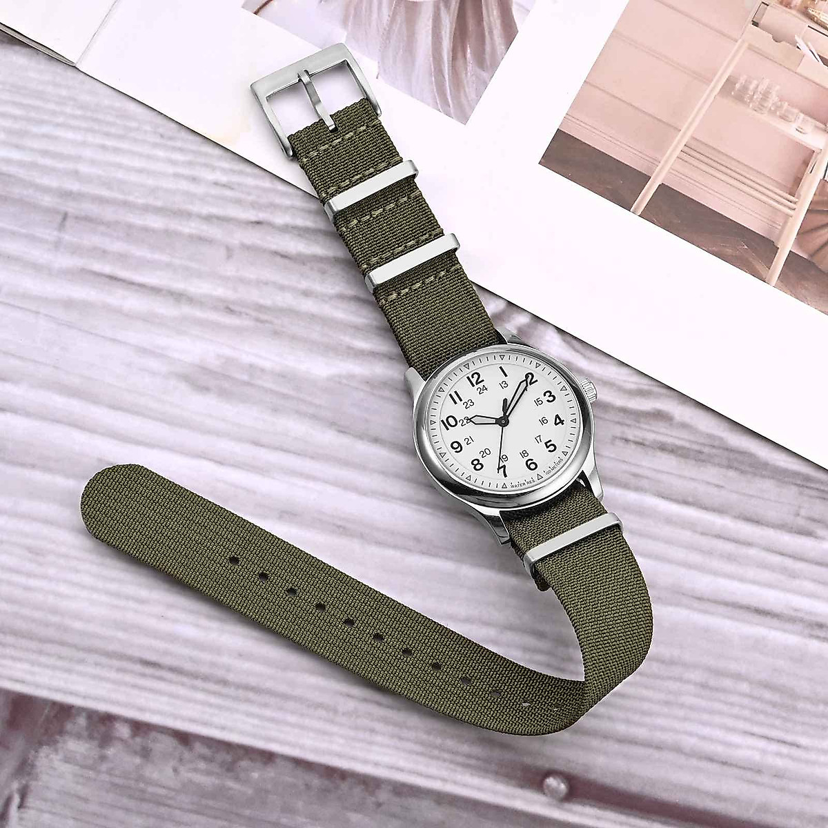 ANNEFIT Nylon Watch Band 20mm, One-Piece Waterproof Military Watch Straps with Heavy Silver Buckle (Army Green)