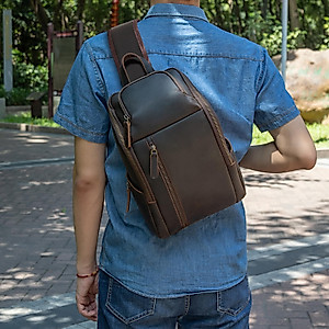 TIDING Full Grain Leather Sling Bag For Men Outdoor Travel Shoulder Chest Daypack Fits 10.5" iPad