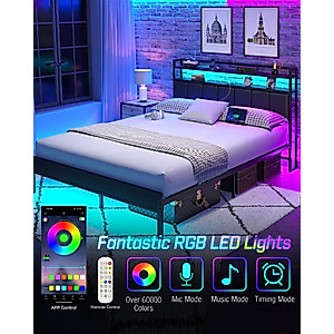 CollaredEagle Full Size Bed Frame with Headboard, Metal Bed Frame with Charging Station and LED Lights, Heavy Duty Bed with Storage Shelves,Noise Free(Black)