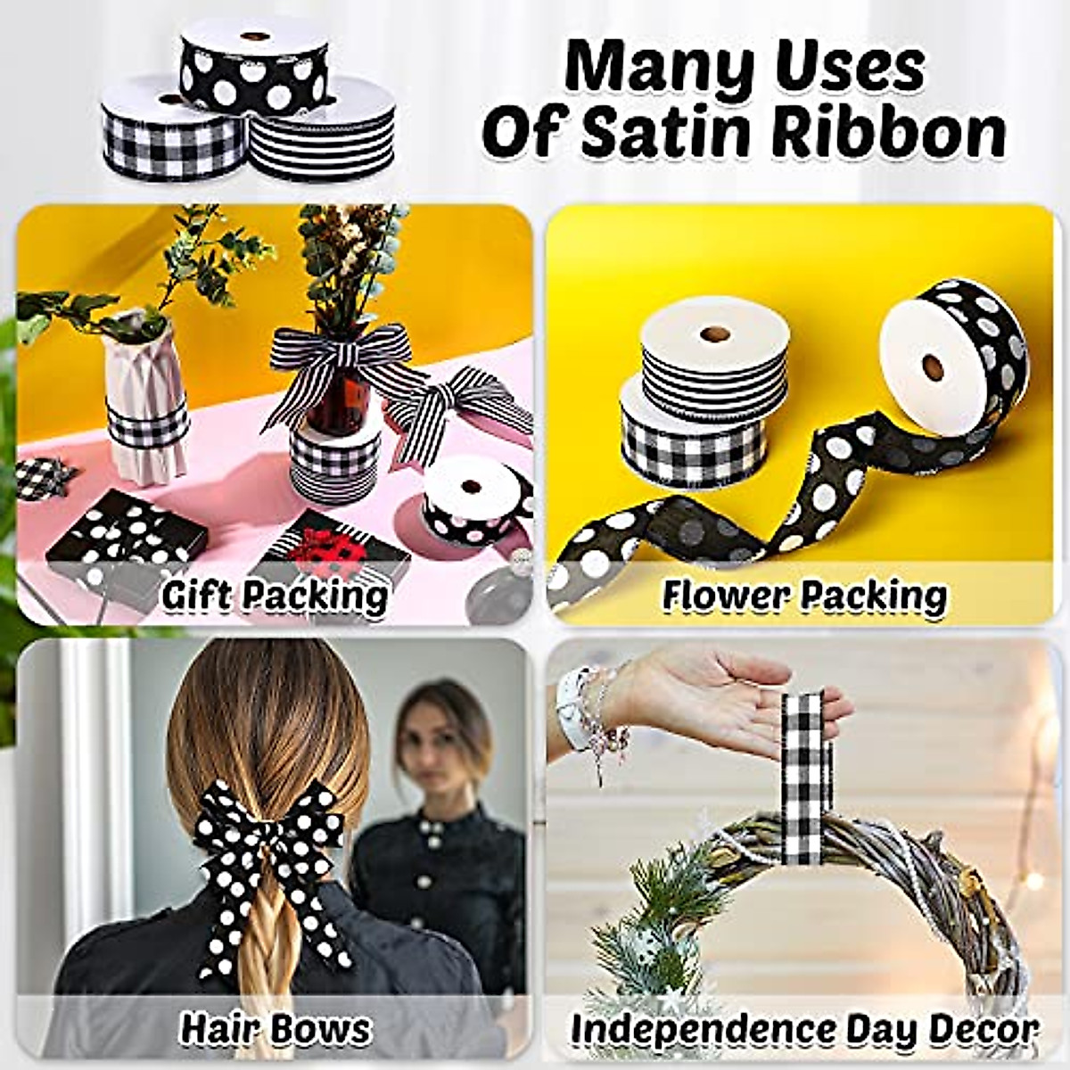 3 Rolls Black White Wired Edge Ribbons Buffalo Check Plaid Wrapping Ribbons Black White Striped Grosgrain Ribbons Black Polka Dot Ribbons with White Dots for DIY Crafts Decor, 1.5 Inches x 10 Yards