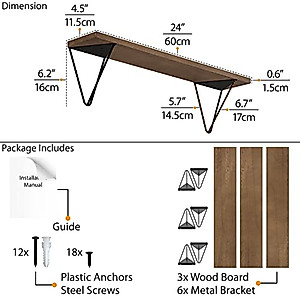 Wallniture Colmar Floating Shelves, Bookshelf for Living Room Decor, Kitchen Organization, Wall Shelves for Bedroom & Bathroom Organizer Walnut Finish 24"x4.5" Set of 3