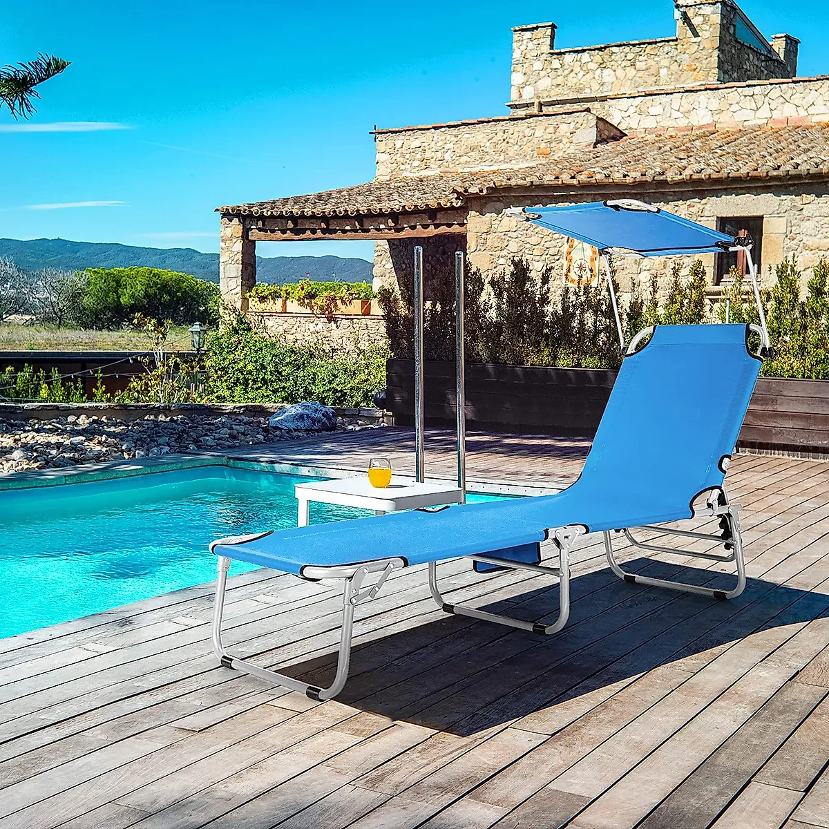 Giantex Outdoor Folding Chaise Lounge, Portable Tanning Chair with 5 Adjustable Positions, 360°Rotatable Canopy Shade, Side Pocket, Patio Lounge Chair for Beach, Lawn Sunbathing Chair (1, Navy)