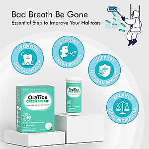 OraTicx Green Breath Oral Care Probiotics, Naturally Support Freshens Bad Breath & Healthy Mouth, Dental Probiotic Supplement 8 Billion CFU, Mint Flavor 30 Lozenges 1-PK