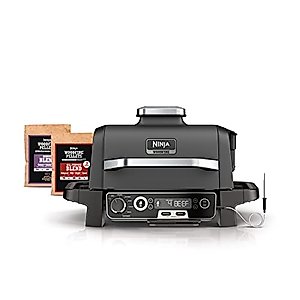 Ninja OG751 Woodfire Pro Outdoor Grill & Smoker with Built-In Thermometer, 7-in-1 Master Grill, BBQ Smoker, Air Fryer, Bake, Roast, Dehydrate, Broil, Ninja Woodfire Pellets, Portable, Electric, Grey