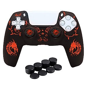 HLRAO silicone case with laser engraved dragon (radiation) for PS5 controller + x2 laser dragon pattern thumb grips and 8 thumb grips.