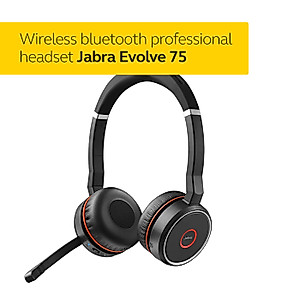 Jabra Evolve 75 UC Wireless Headset, Stereo – includes Link 370 USB Adapter and Charging Stand – Bluetooth Headset with World-Class Speakers, Active Noise-Cancelling Microphone, All Day Battery
