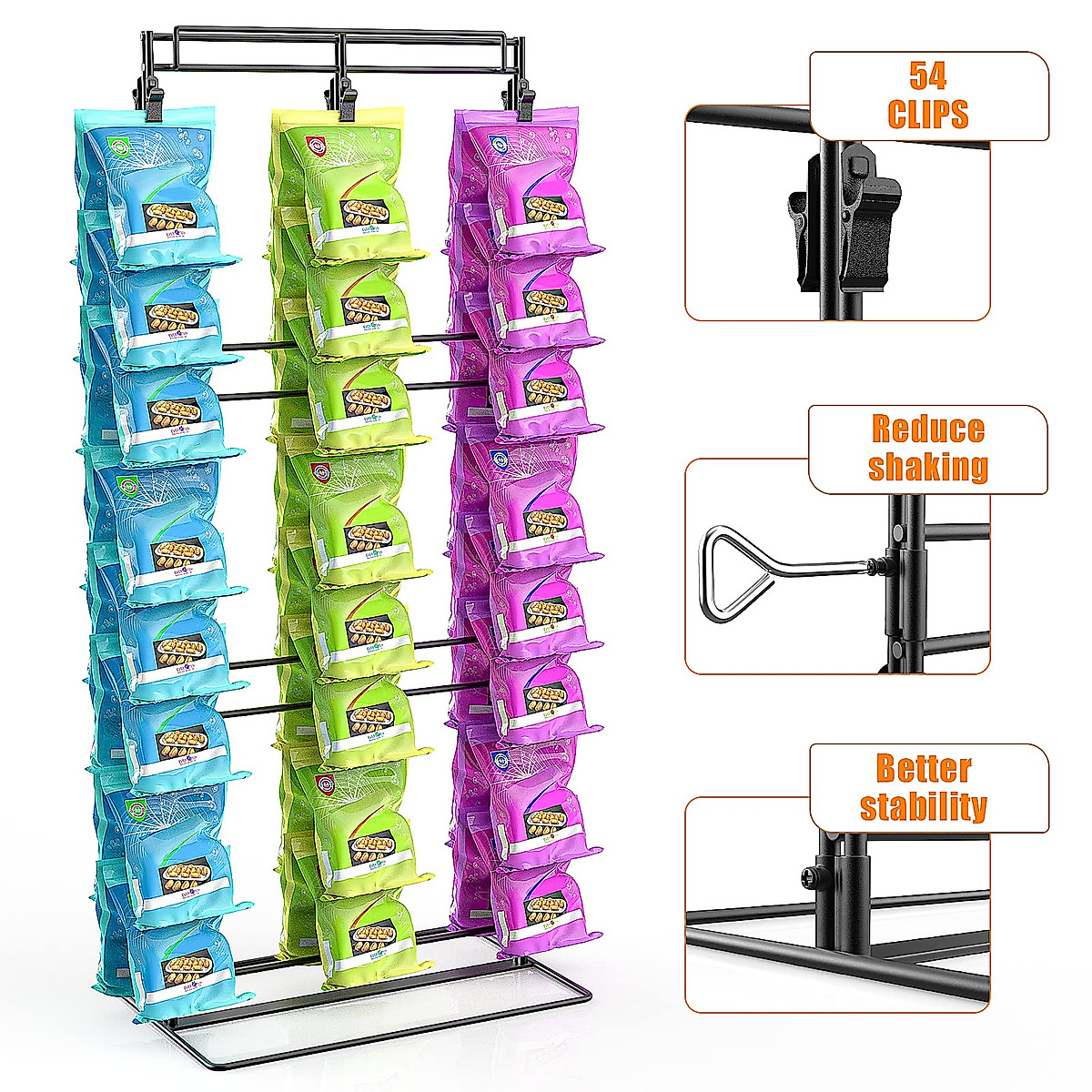 Eazy2hD Upgraded Potato Chip Rack Display with 54 Clips, 3-Row Chip Stand Display for Party, Countertop Chip Bag Holder, 30"x13.6" Matte Black Snack Display for Counter, Snack Rack Organizer