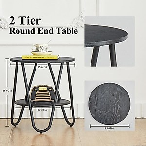 Leesingdo 2 Tier Round End Table, Black End Table with Metal Frame for Small Spaces, Accent Coffee Table, Sofa Table, Nightstand Table for Living Room, Bedroom