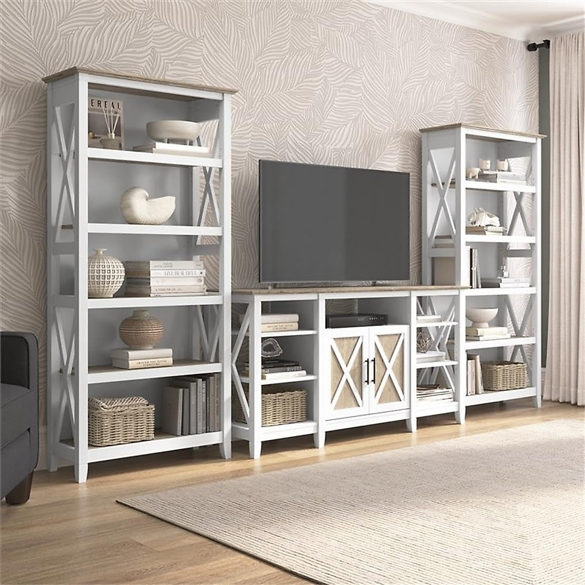 Bush Furniture Key West Tall TV Stand with Set of 2 Bookcases in Pure White and Shiplap Gray, Farmhouse Entertainment Center for 65 Inch Television