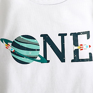 Baby Boy 1st Birthday Outfit Infant Boy First Birthday Clothes Boy Astronauts Cake Smash Bodysuit (White,12-18 Months)