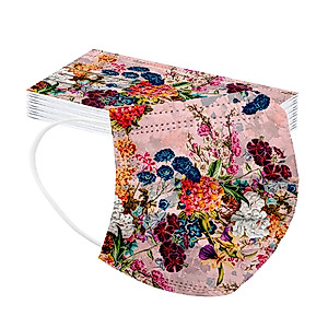 FOLOU 50PC Summer Flower Disposable Face_Masks with Designs, 3-Ply Floral Breathable Face_Mask with Nose Wire, Protective with Printed Design for Adults Holiday Party (Floral-D),50 Count (Pack of 1)