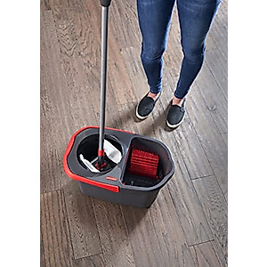 Rubbermaid Microfiber Flat Spin Mop Floor Cleaning System with Wringer Bucket, Red, Flat Floor Mop for Hardwood/Laminate/Vinyl/Tile/Stone Floors