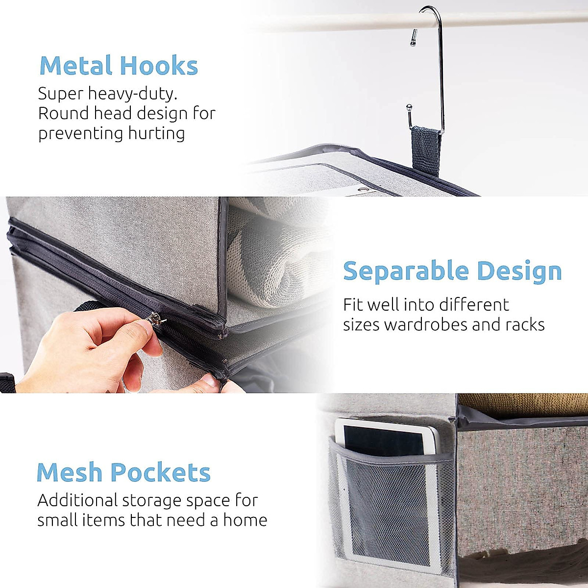 YOUDENOVA Hanging Closet Organizers and Storage, Two 3-Shelf Closet Hanging Shelves with Drawers, Canvas, Beige