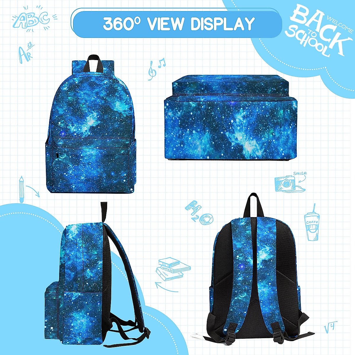 Qlonrewt Boys Girls Backpack for School, 17 Inch Aesthetic Laptop Backpacks for Travel Elementary College Middle High School, Large Capacity Bookbag School Bag Casual Daypack(Galaxy Blue)