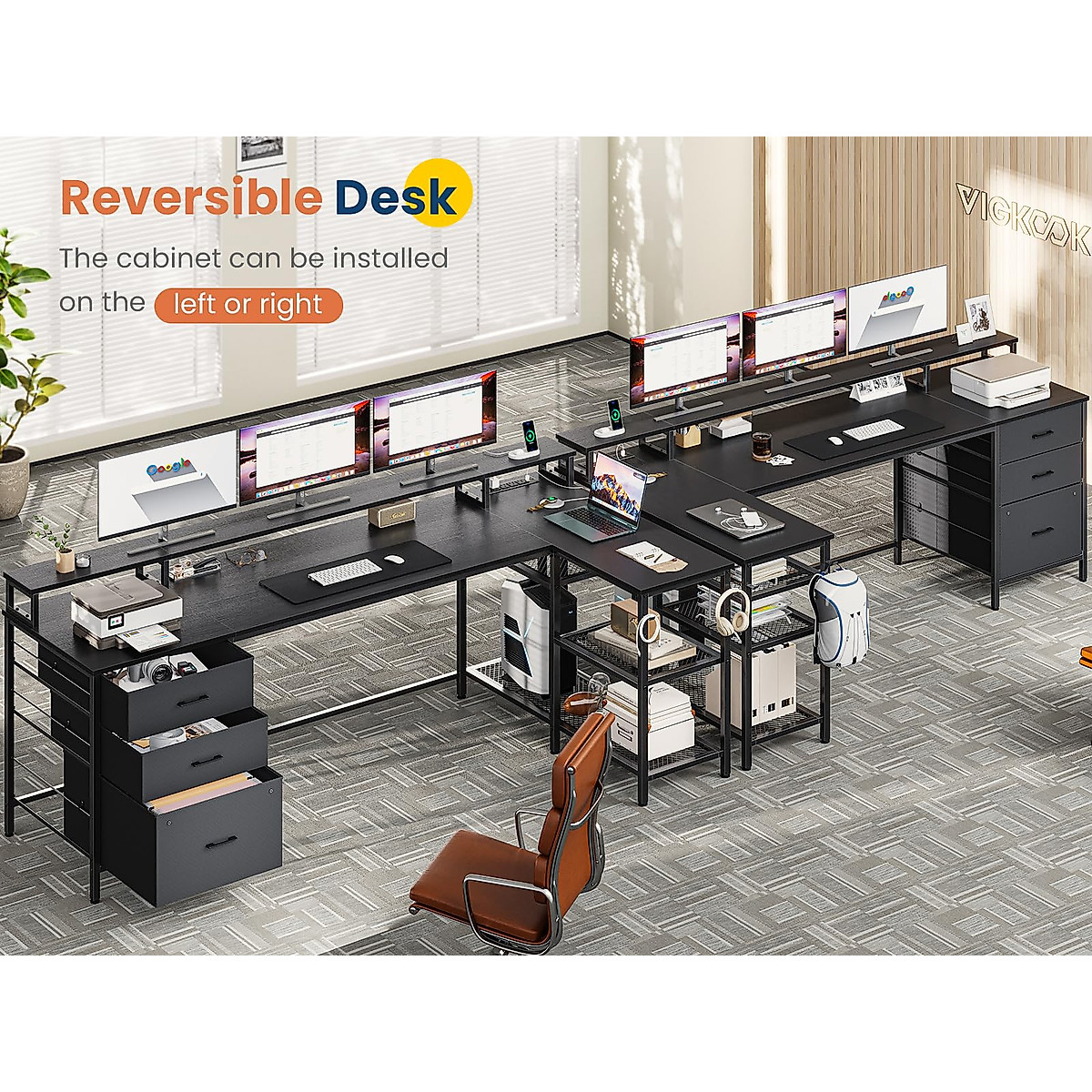 UPOSOJA L Shaped Gaming Desk with 3 Drawers, 78" Reversible Computer Desk with Power Outlet & LED Strip, Home Office Desk with Storage Shelves, Monitor Shelf, Mouse Pad Black