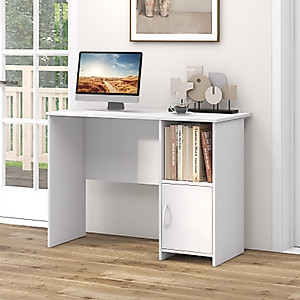 GOFLAME Modern Computer Desk with Cabinet, Writing Study Desk with Cable Holes & Open Shelf, Laptop PC Desk with Storage, Compact Computer Workstation for Home Office, White