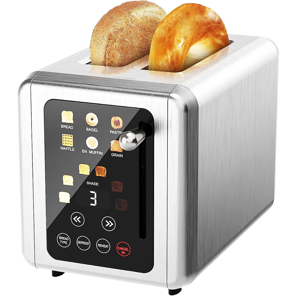 Touch screen Toaster slice, Stainless Steel Digital Timer Toaster with Sound Function, 6 Bread Types & 6 Shade Settings, Smart Extra Wide Slots Toaster with Bagel, Defrost Functions (silver, 2)