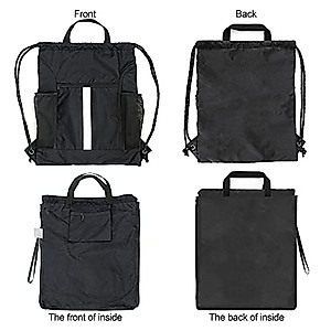 BeeGreen Drawstring Backpack Bag Sports Gym Backpack with Shoe Compartment and Two Water Bottle Holder for Men Women Large String Backpack Athletic Sackpack Workbag Black