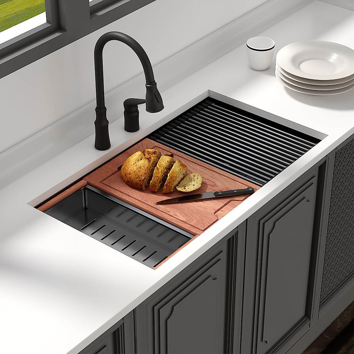 33 Kitchen Sink Black Stainless - Lordear 33 Inch Undermount Sink Ledge Workstation Gunmetal Black Stainless Steel 16 Gauge Single Bowl Under Counter Kitchen Sink Basin with Accessories