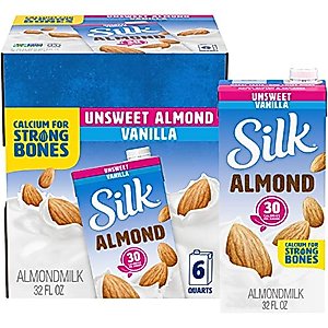 Silk Shelf-Stable Almond Milk, Unsweetened Vanilla, Dairy-Free, Vegan, Non-GMO Project Verified, 1 Quart (Pack of 6)