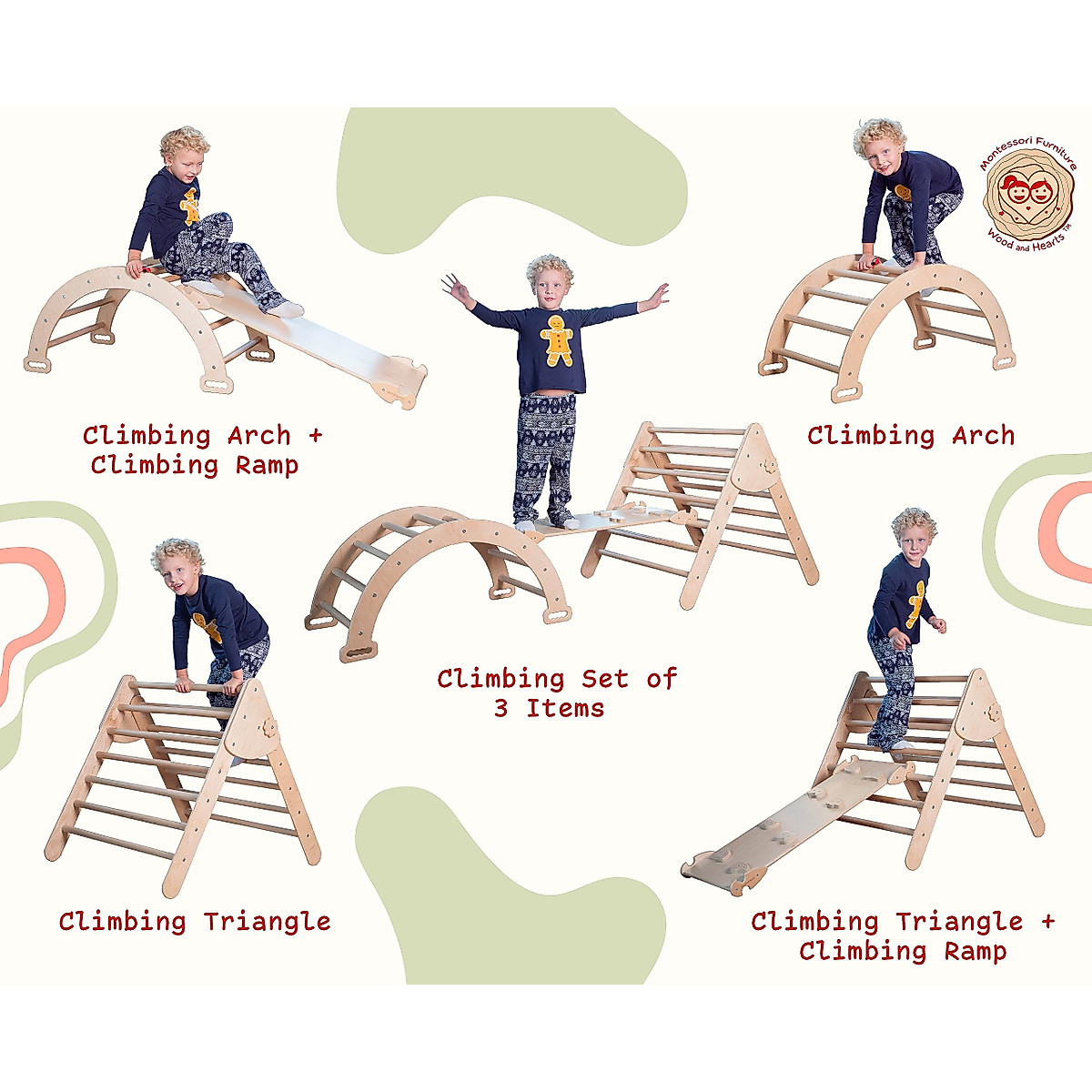WoodandHearts Montessori Climbing Set - Foldable Triangle Climber with Slide, Ramp, Arch - Wooden Toddler Climbing Toys Indoor Playground Jungle Gym for Kids Age 2-8