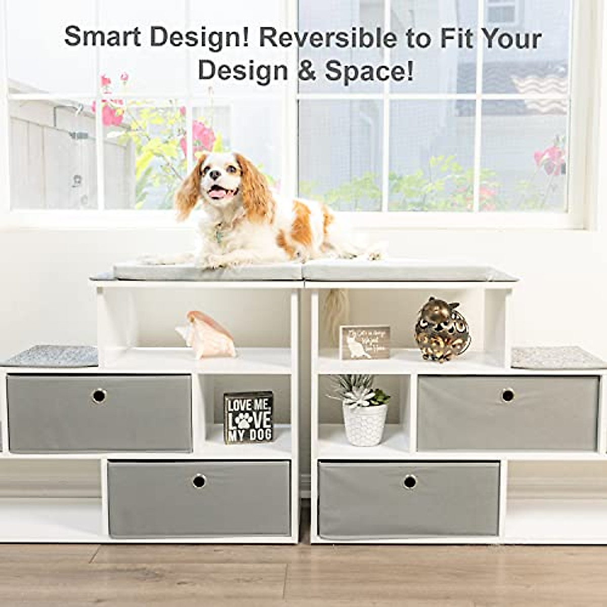 PetFusion Pet Step Window Perch Bookshelf w/ Storage Baskets |28” Tall Dog & Cat Perch, 8” Stair Height |Multi-Functional Modern Pet Furniture w/ Carpeted Step Pads & 1” Thick Premium Foam Perch Pad