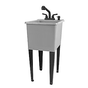 Space Saver Utility Sink by JS Jackson Supplies, Pull-Out Faucet, Soap Dispenser, Grey Tub with Black Faucet