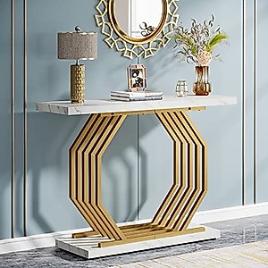 Tribesigns Gold Console Table, Faux Marble Entryway Table Narrow Sofa Table with Geometric Metal Base, 40 Inch Modern Accent Table Entrance Table for Living Room, Hallway, Foyer, White and Gold
