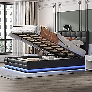 Gustonhon Queen Size Lift Up Storage Bed/Faux Leather Headboard with Storage and LED Lights and USB Charger,Hydraulic Storage System for Kids Teens and Adults, No Box Spring Needed(Black, Queen)