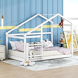 Bellemave House Bed for Kids, Twin Floor Bed, Pine Wood House Floor Bed, Montessori Bed for Kids, Gray with Shelf