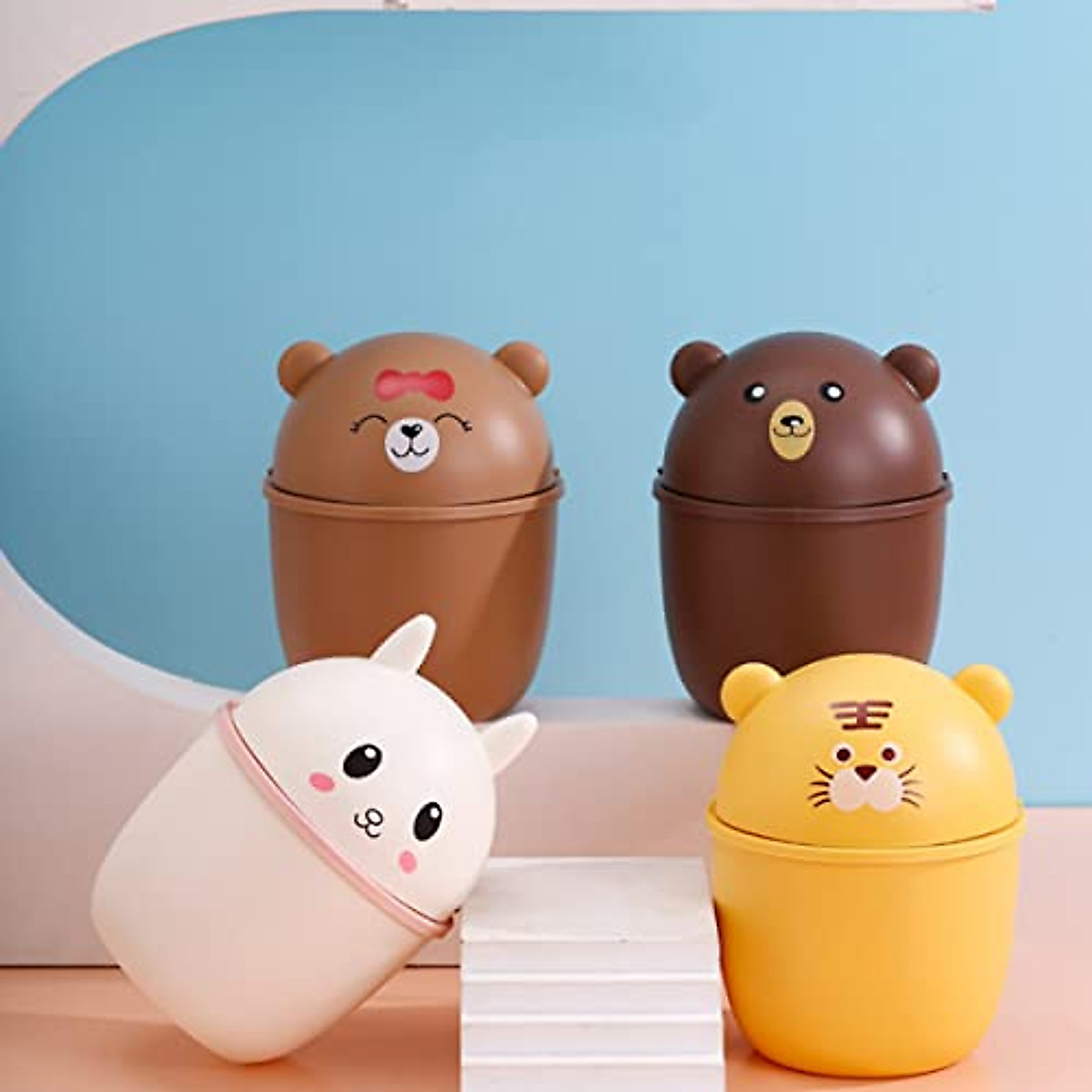 Housoutil Car Trash Bin Mini Trash Can with Lid Rabbit Shaped Desk Mini Garbage Container Cute Desktop Basket Can Closable Trash Bin for Office Bedroom Plastic Containers
