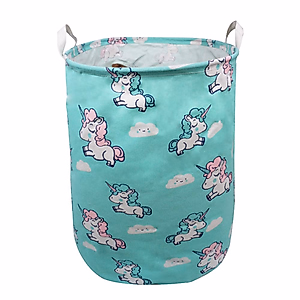 Large Laundry Storage Baskets, Unicorn Kids Baby Hampers, Canvas Home Organizer Containers for Girls, Kids Toys, Baby Clothing, Teal Blue