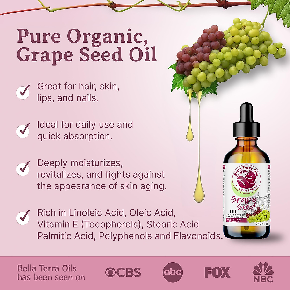 Bella Terra Oils - Organic Grape Seed Oil 4oz - Crafted from Pristine Organic Grapes, Packed with Procyanidins & Vitamin F, Unveiling a Radiant Skin Legacy