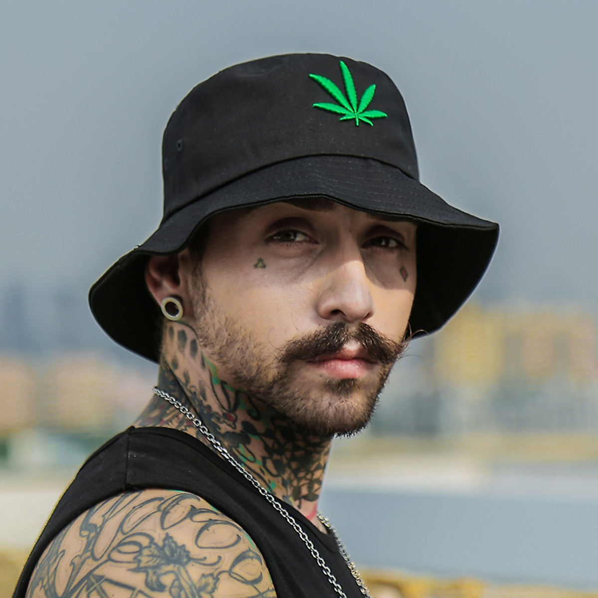 Bucket Hat Cap Marijuana Weed Leaf Cannabis - Foldable Snapback Men Women (Black)