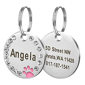 Didog Stainless Steel Custom Engraved Pet ID Tags,Round Crystal Rhinestones Tags with Pretty Paw Print,Double-Side Laser Engraving Tags Fit Small Medium Large Dogs and Kittens,Pink