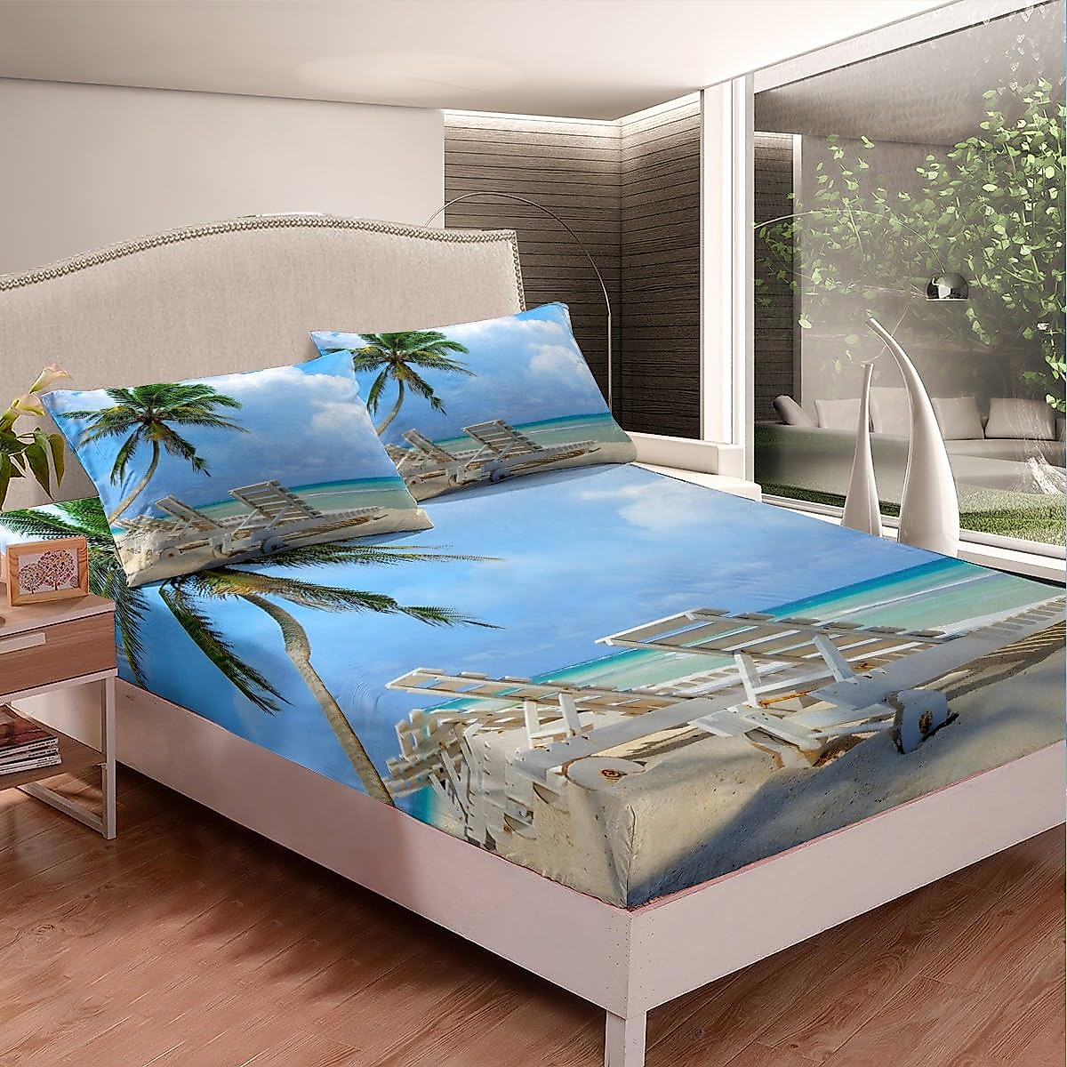 Erosebridal Hawaii Beach Bed Sheets Set Full Size, Tropical Sheets, Ocean Beach Decor Sheets, Palm Tree Flat Fitted Sheet, Summer Holiday Style Sheet Set, Coastal Bedding Bedroom Decor, 4Pcs