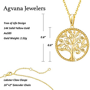 Agvana 14K Solid Real Gold Tree of Life Necklace for Women Dainty Pendant Necklace Fine Jewelry Birthday Gifts for Women Mom Wife Her Yourself, 16"+2"