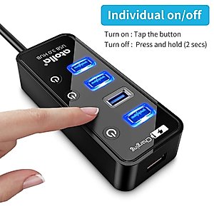 Powered USB Hub Long Cord, atolla USB 3.0 Hub 4 + 1 Data Transfer and Charging Multiport with Power Supply Adapter 15W (5V/3A) and 3.3ft Meter USB 3 Extension Cable
