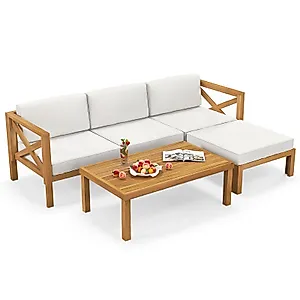 Tangkula 5 Piece Outdoor Conversation Furniture Set, Acacia Wood Sectional Sofa Set with 3 Chairs, 1 Ottoman & 1 Coffee Table, Patio Cushioned Sofa Set for Porch, Yard, Poolside (Off White)