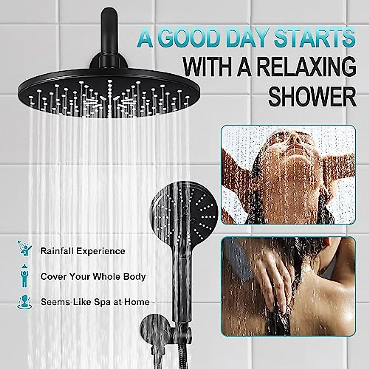 GAPPO Matte Black Shower System 9 Inch, Rain Shower Head with Handheld Spray High Pressure, Bathroom Luxury Wall Mounted Shower Faucet Set Rough-in Valve and Shower Trim Included